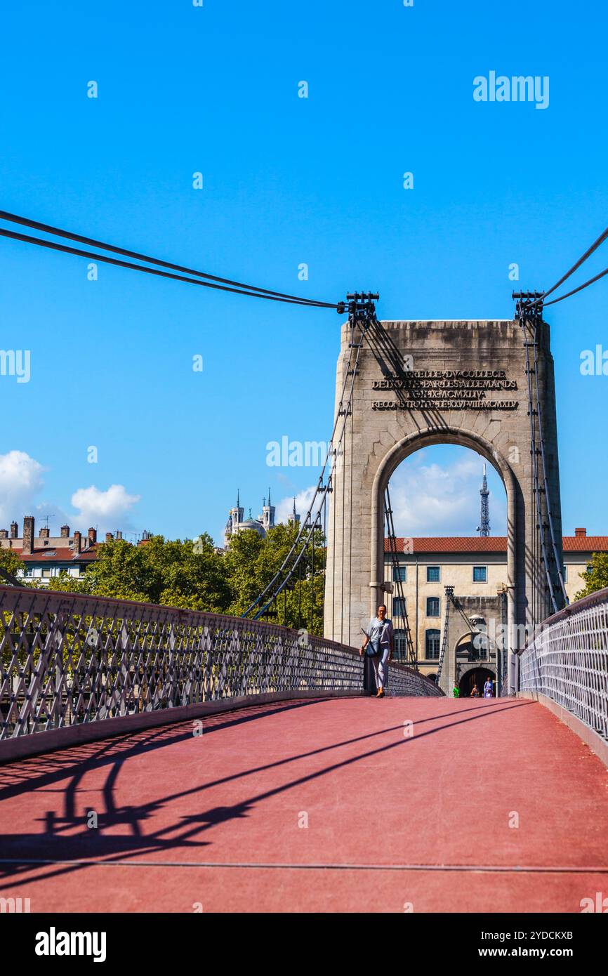 Old Passerelle du College bridge over Rhone river in Lyon, France Stock ...