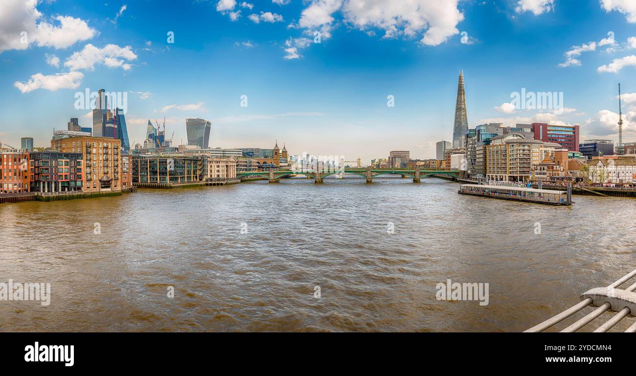 Scenic view over the river Thames and the city skyline, London, England ...