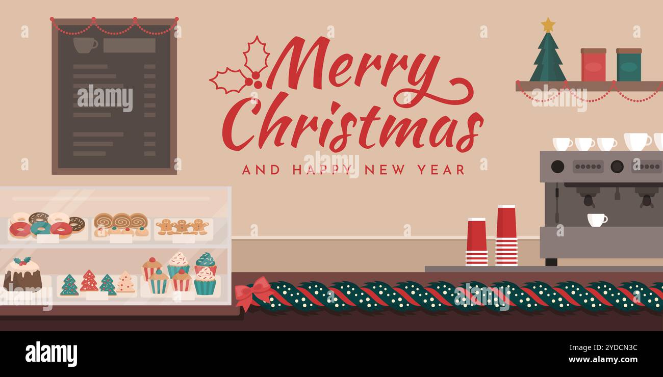 Traditional cafe interior with Christmas ornaments and wishes, holidays ...