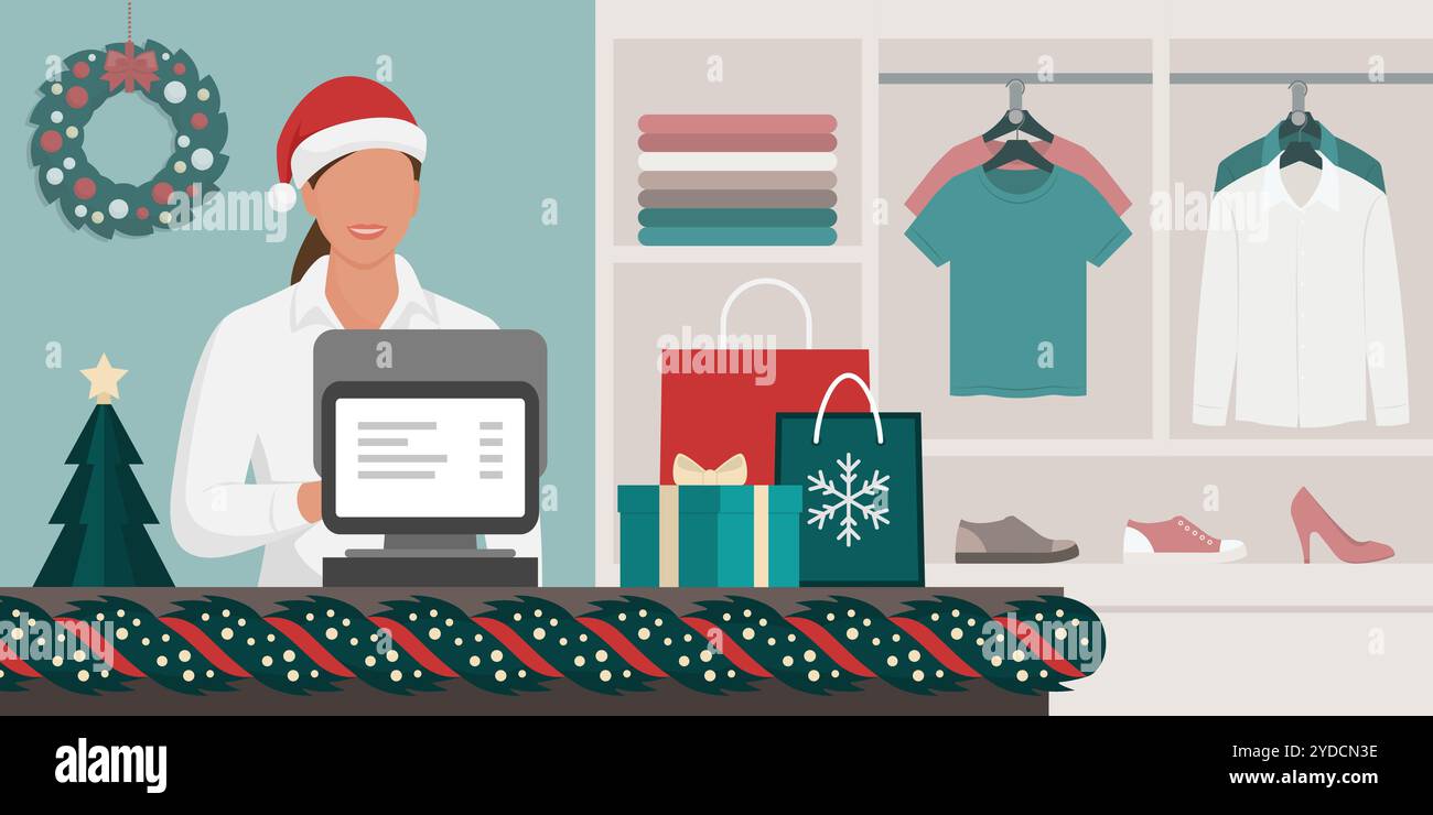 Clothing shop interior with Christmas decorations and happy saleswoman ...