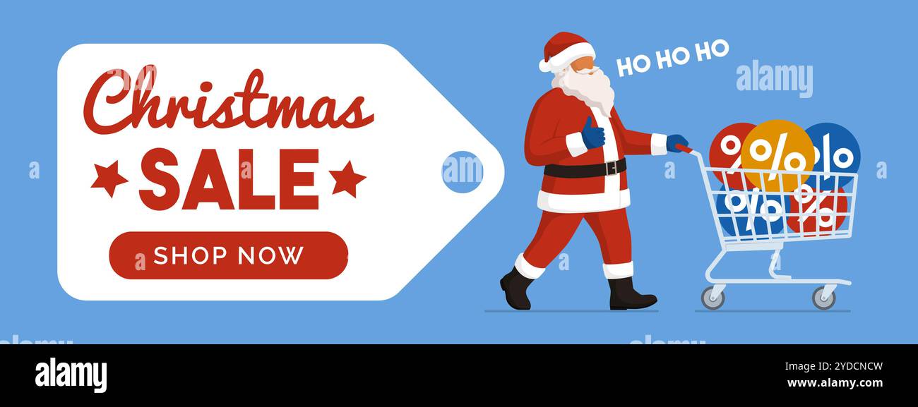Happy Santa Claus pushing a full shopping cart and price tag, Christmas ...