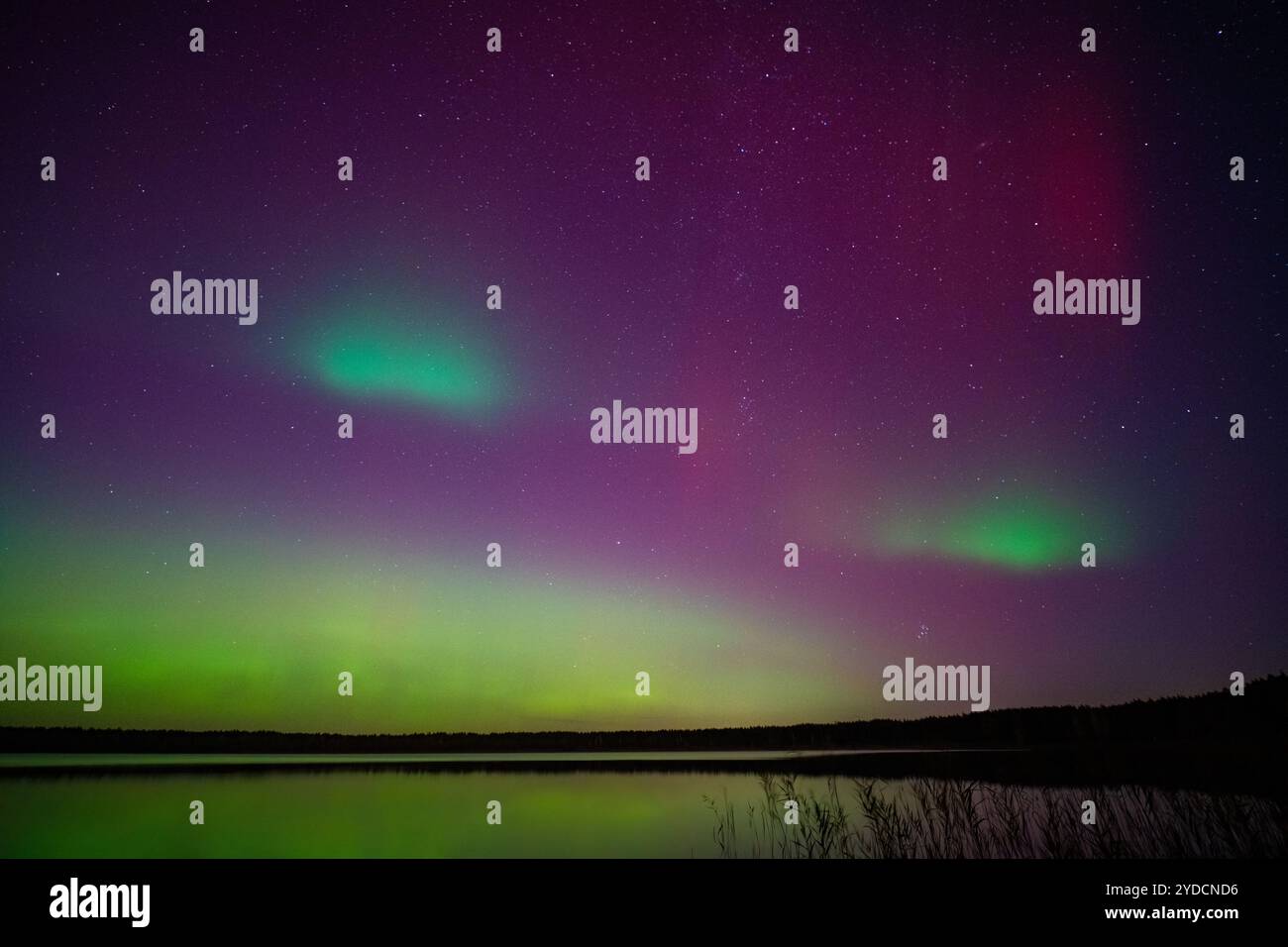 Northern Lights, Aurora Borealis. Night sky by the lake, geomagnetic ...