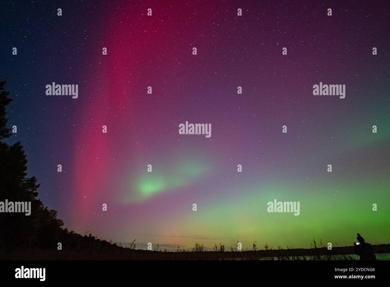 Northern Lights, Aurora Borealis. Night sky by the lake, geomagnetic ...