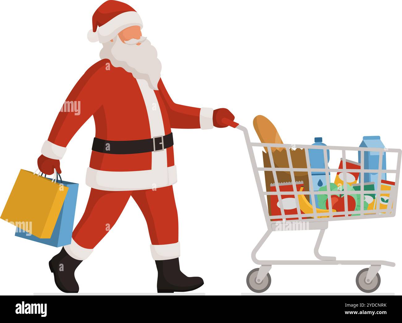 Santa Claus doing grocery shopping, he is pushing a shopping cart full ...