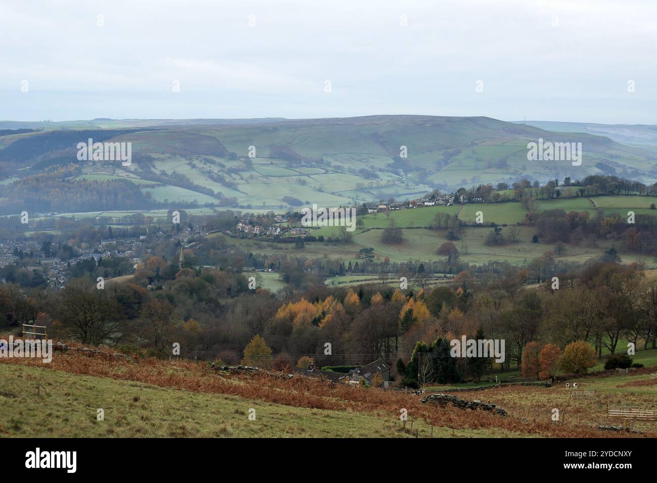 View down misty valley towards Hathersage from Carr Head, Hathersage ...