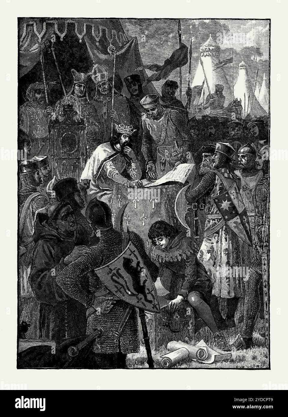 An old engraving of King John signing the Magna Carta on the banks of ...