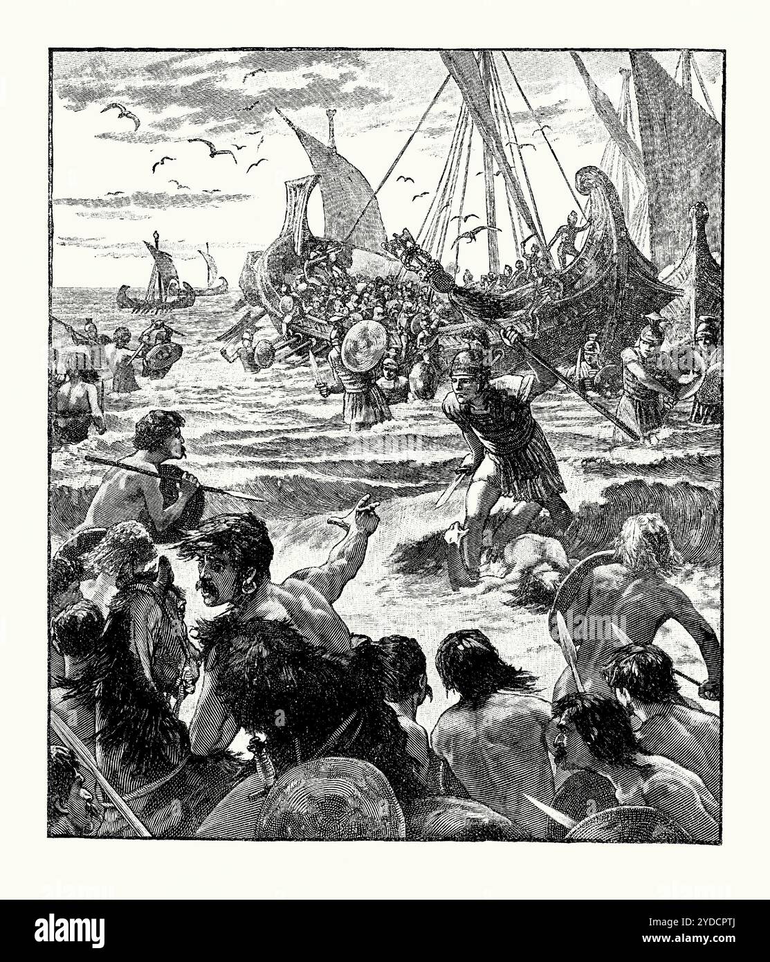 An old engraving of the Romans landing in Britain at Rutupiae ...
