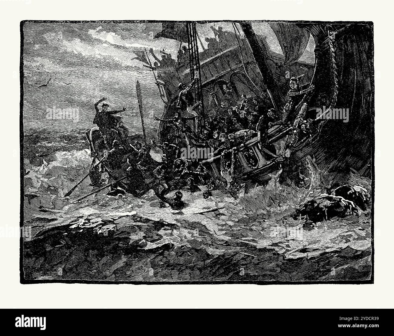 An old engraving of the ‘White Ship’ (‘Blanche Nef’), carrying William ...