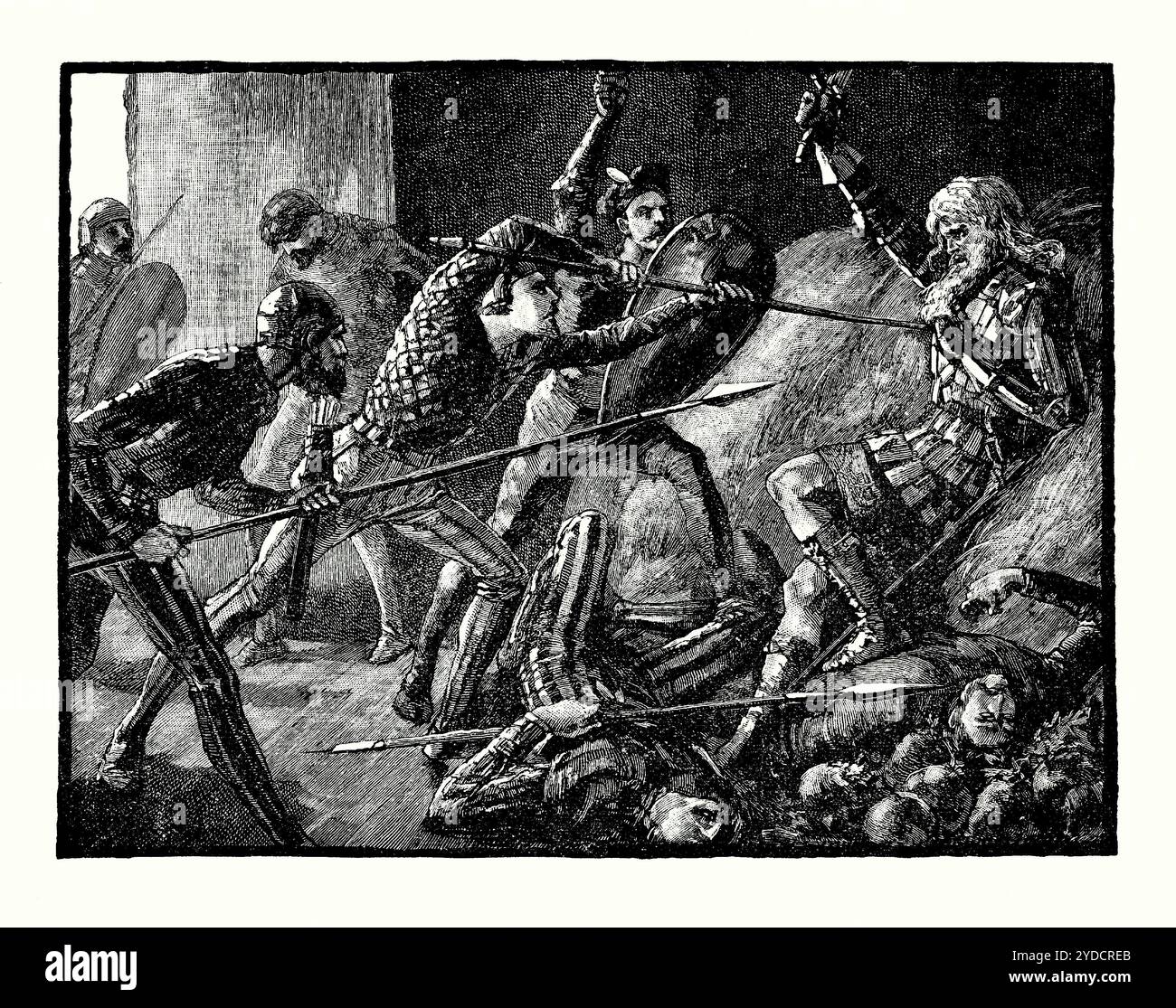 An old engraving of the killing of Llywelyn the Last, Builth Wells, Powys, Wales, UK in 1282. It ...