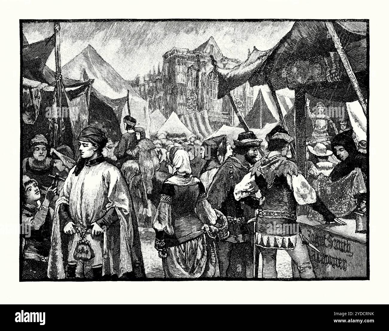 An old engraving of the medieval street fair (charter fair) in ...