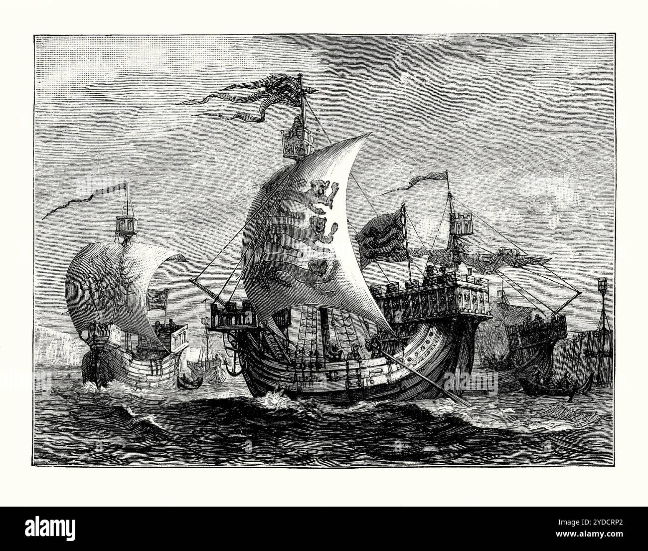 An old engraving of the medieval English warships of the 1300s. It is ...