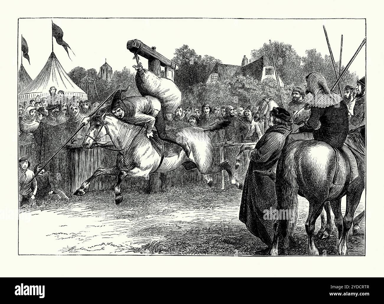 An old engraving of tilting (jousting practice), England, UK in the medieval times. It is from a ...