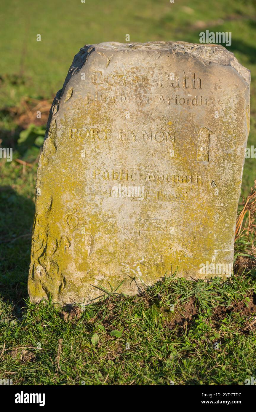Marker stone on Wales Coast Path, Overton Mere, Gower, Wales, UK Stock ...