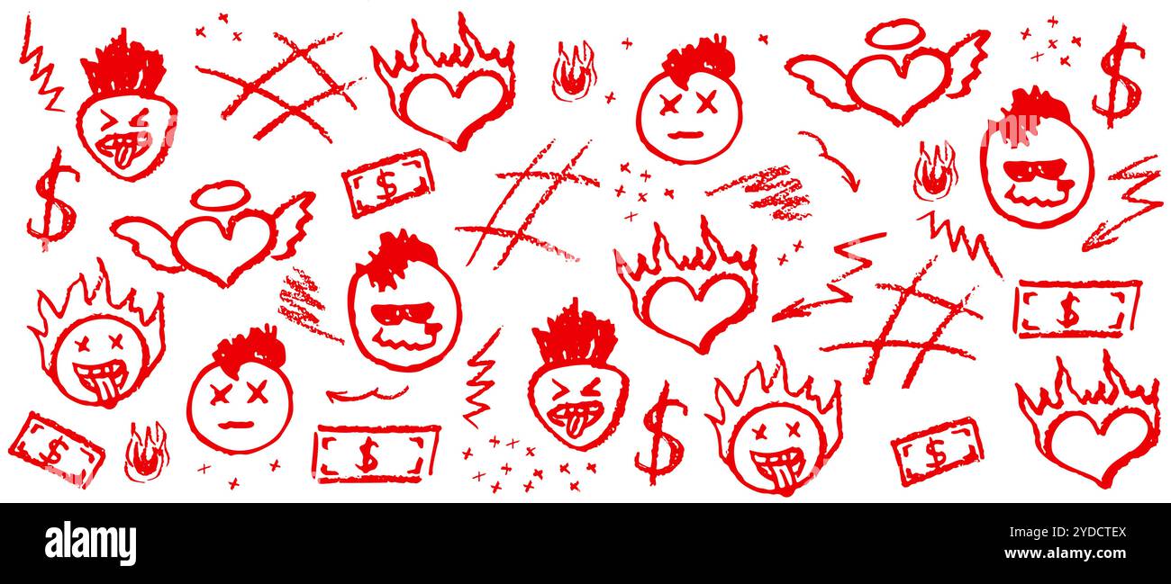Red wax crayon drawing grafitti elements. Collection of vector charcoal ...