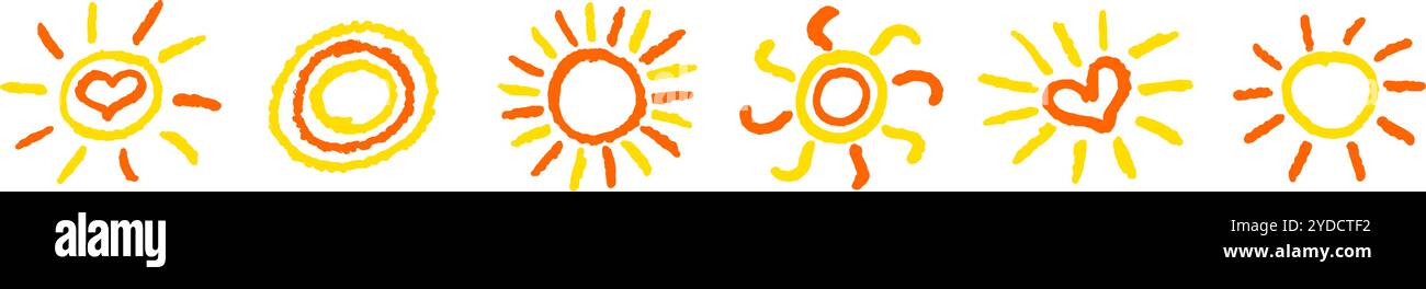 Set of fun like kid drawing yellow sun. Collection painted with pastel ...