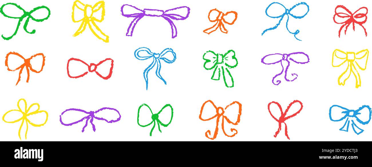 Set of bows drawn with pastel or charcoal pencil. Colorful chalk bow ...
