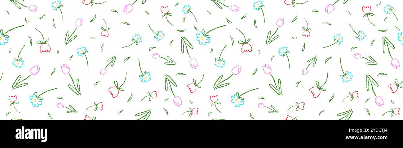 Colorful seamless pattern with simple flowers. Bloom botanical elements drawing by wax pencil on ...