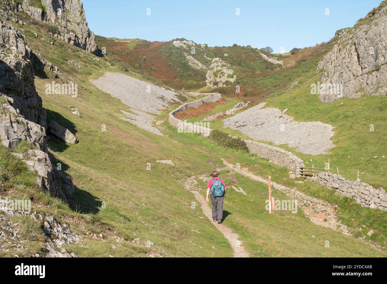 Man walking on path in Mew Slade valley between Carboniferous limestone ...
