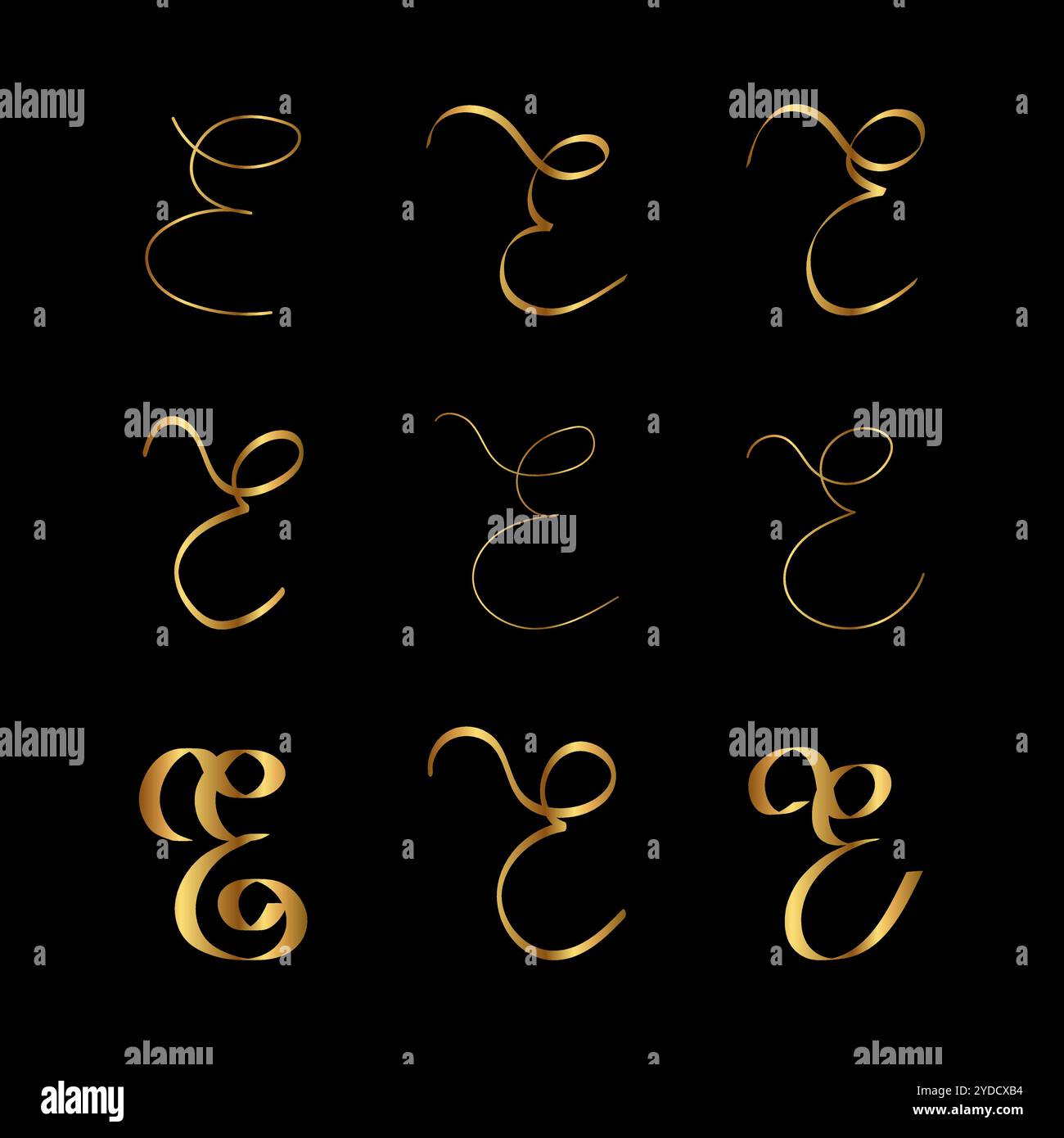 Gold E Letter Initial Cursive Hand Written Calligraphic Alphabet Set ...