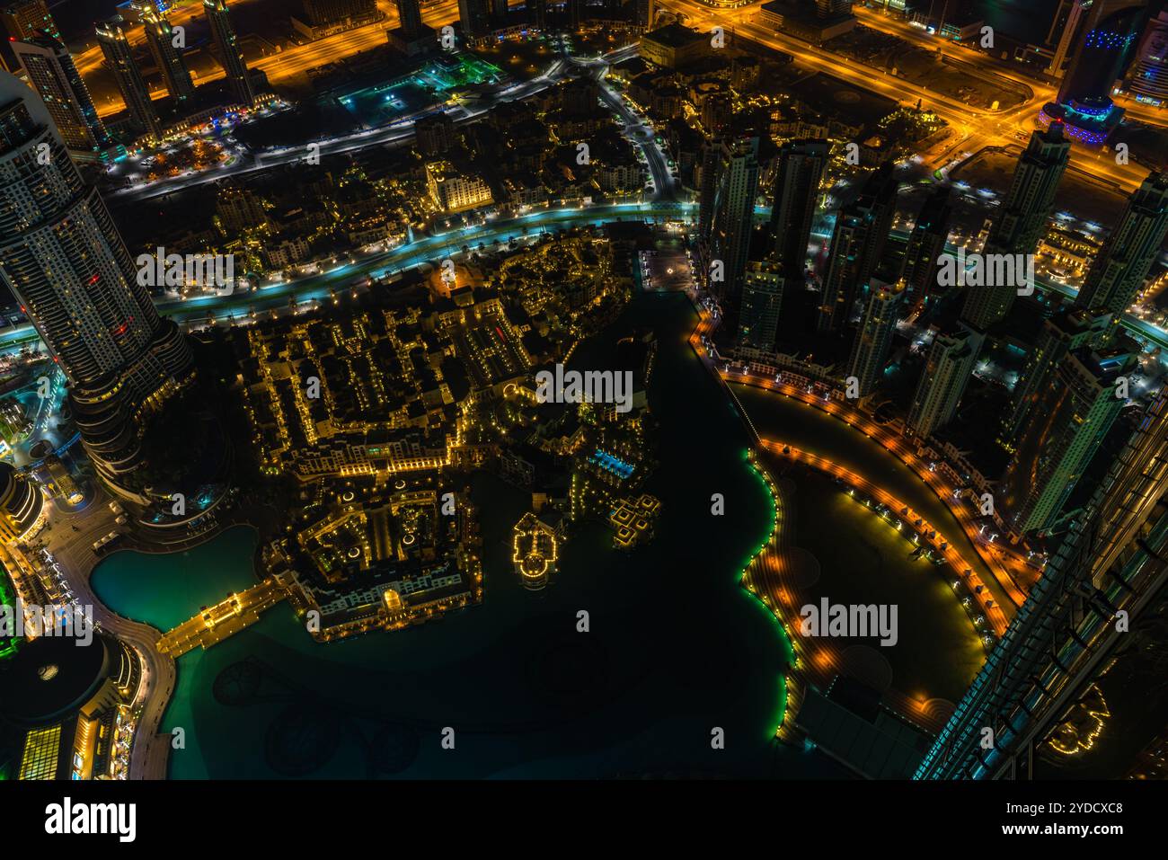 Dubai downtown night scene with city lights. Top view Stock Photo - Alamy