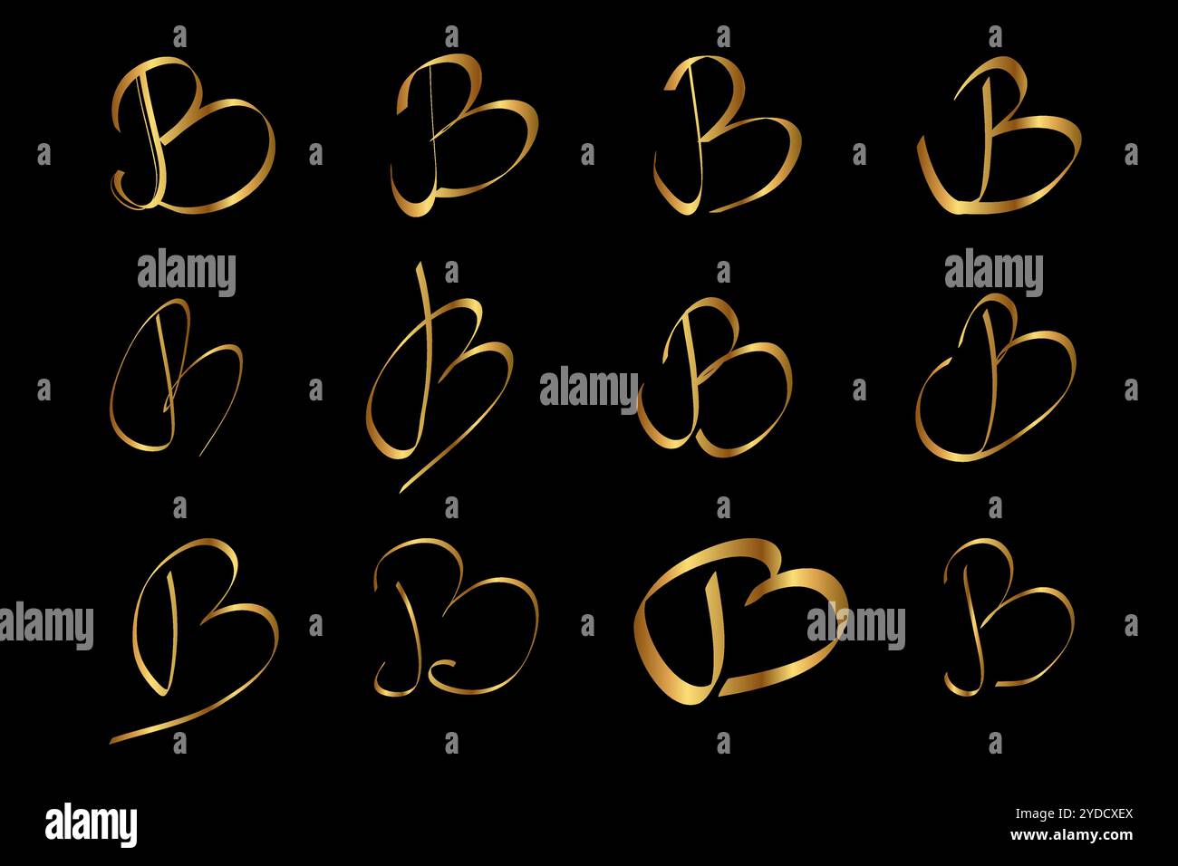 Gold B Letter Alphabet Initial Cursive Hand Written Set for Logo Brand ...
