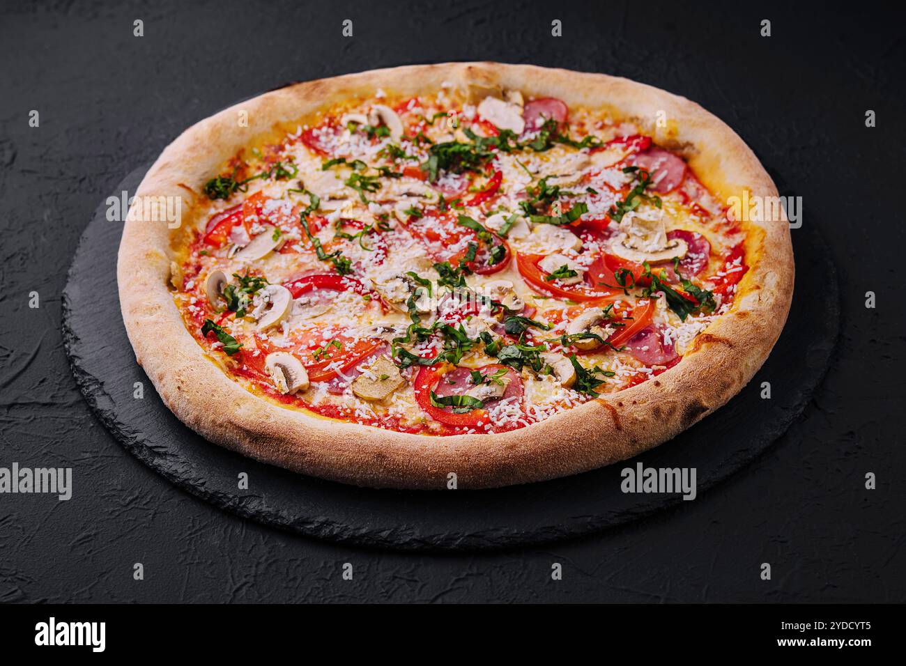 Freshly Baked Pepperoni Pizza with Black Olives, Tomatoes and Spices ...