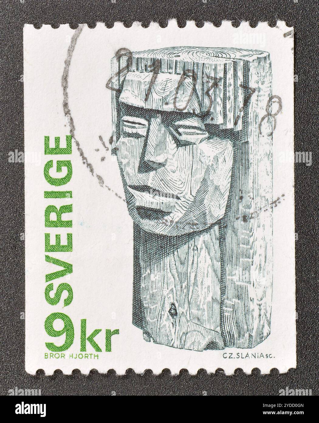 Cancelled postage stamp printed by Sweden, that shows Girl's Head (wood ...