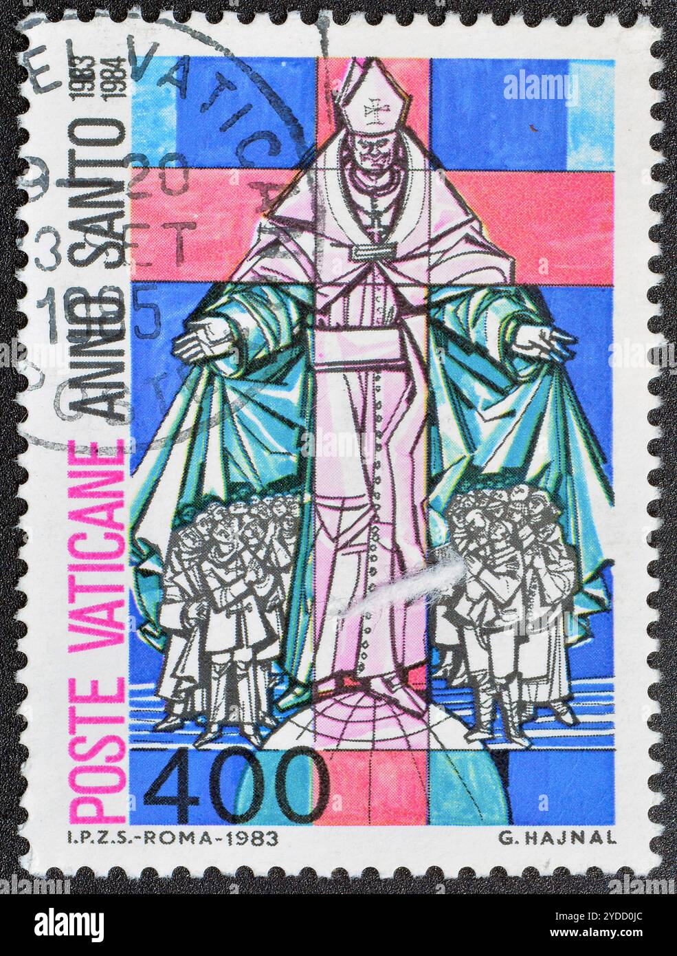 cancelled postage stamp printed by Vatican, that shows The Pope and the ...