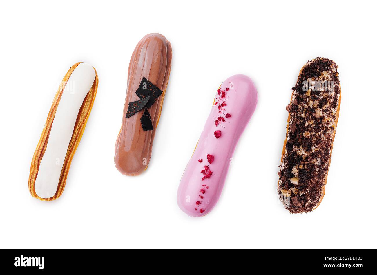 Different types of French eclairs on a white background Stock Photo - Alamy