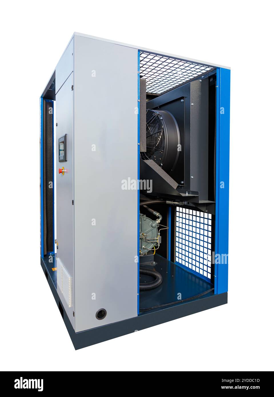 Industrial air compressor with open panel revealing its powerful ...