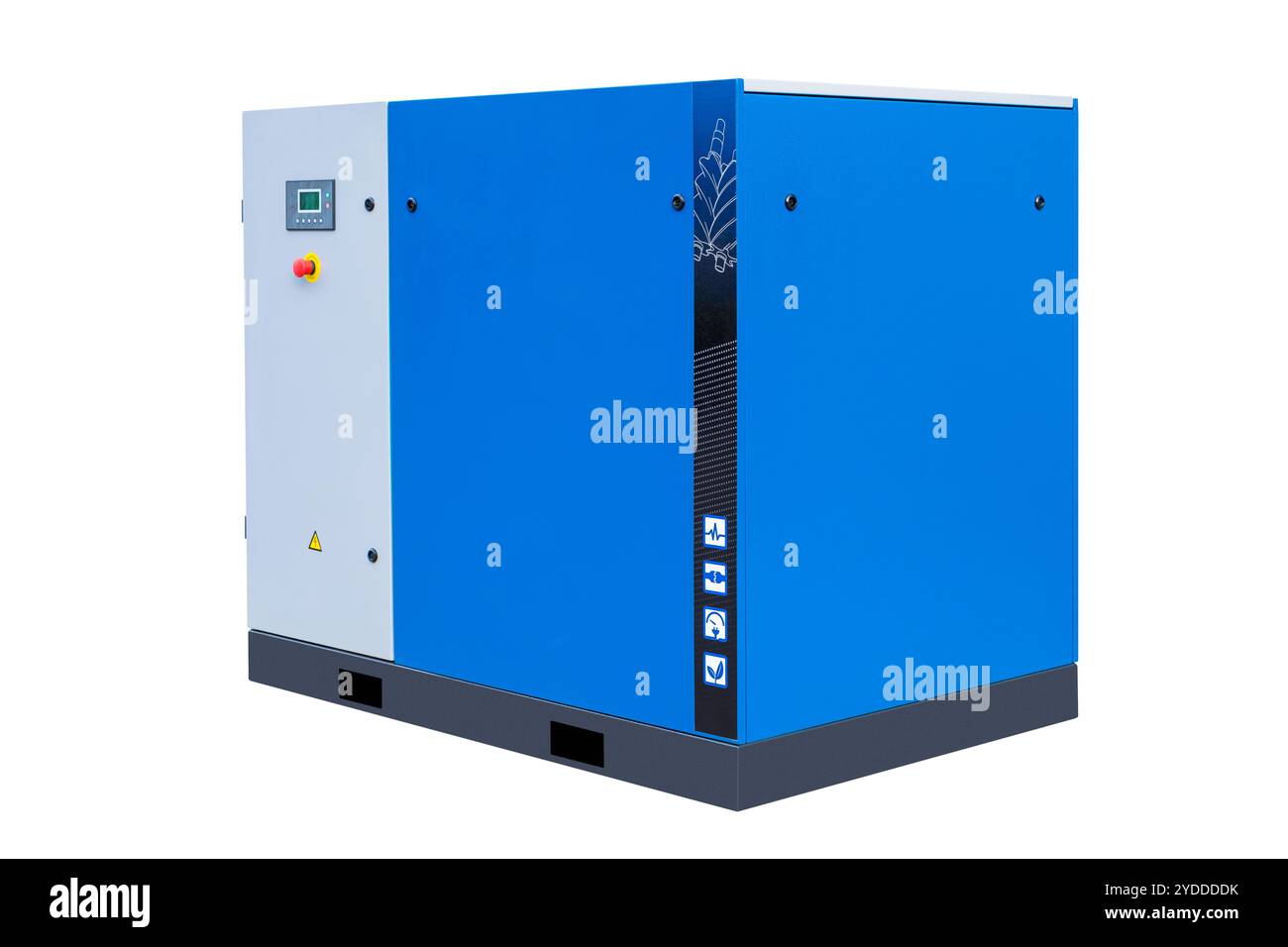Powerful blue air compressor standing on a pallet, essential equipment ...