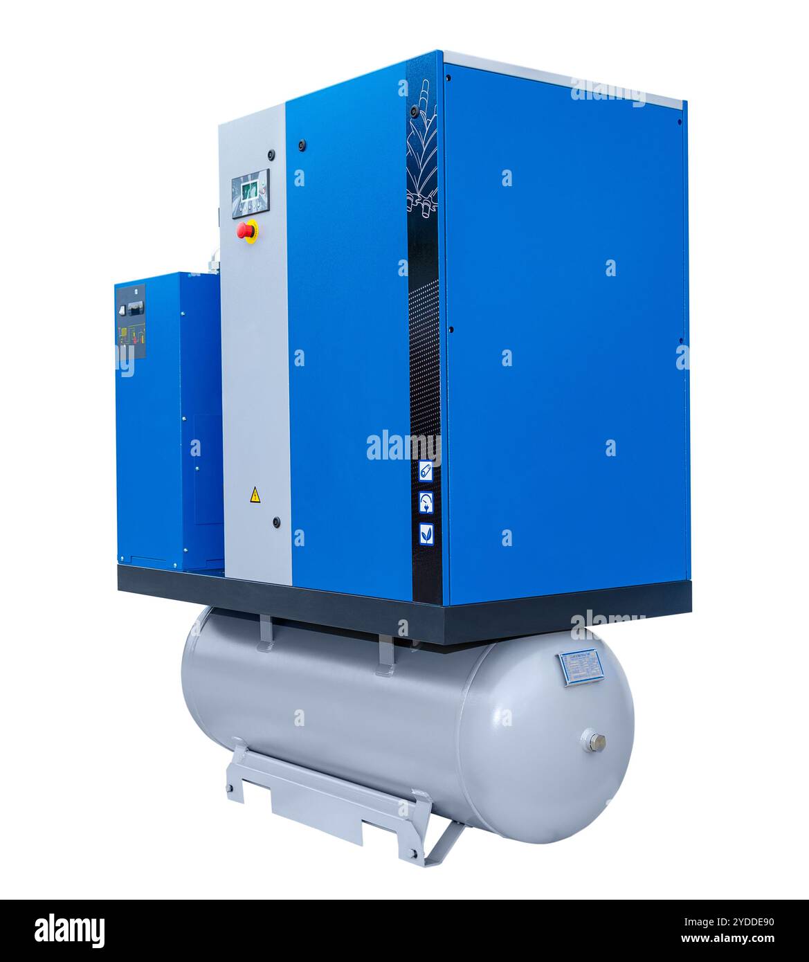 Blue industrial air compressor with a large air tank, generating ...
