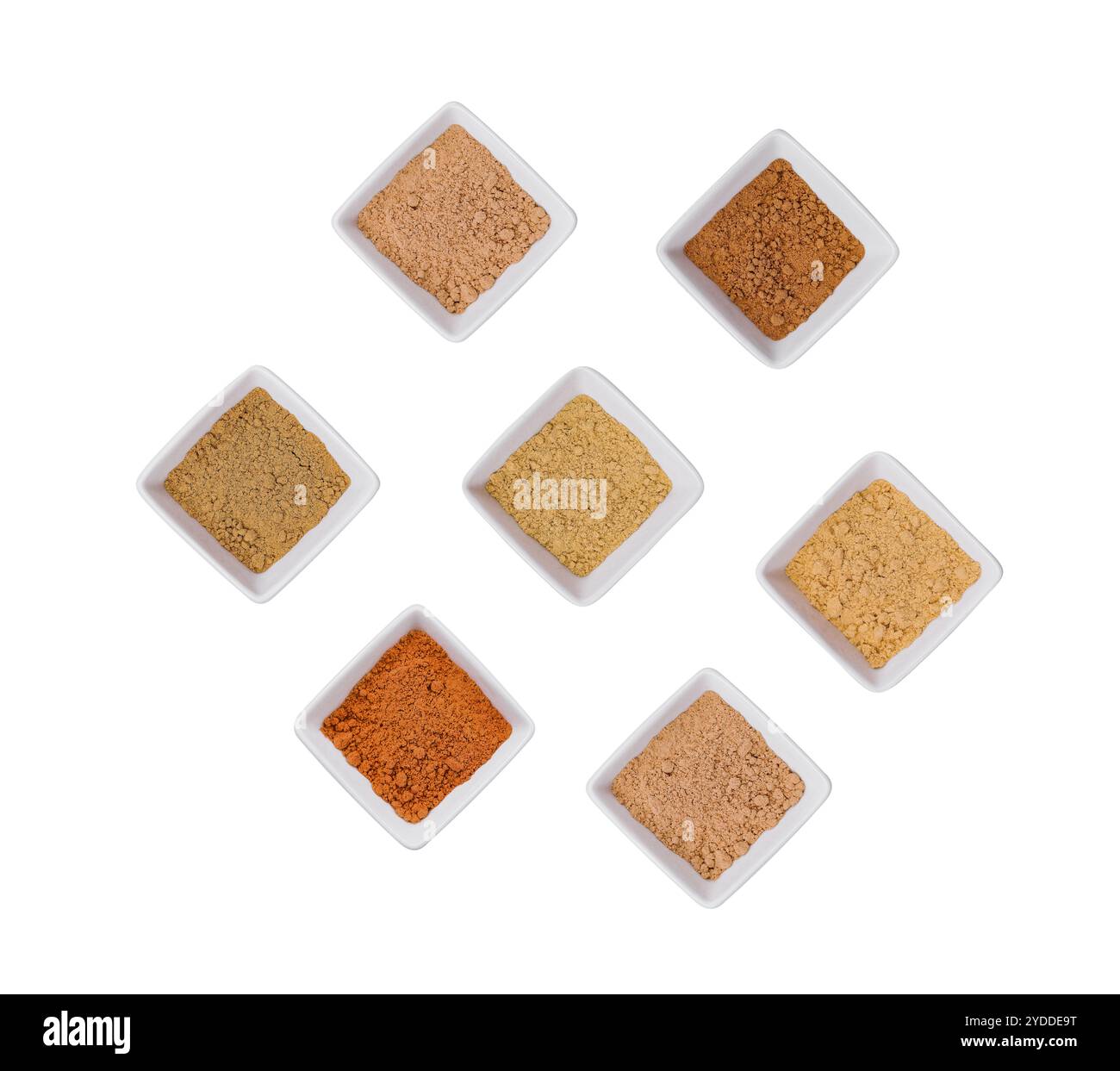 Various Indian Spices in Small White Bowls on white background Stock ...