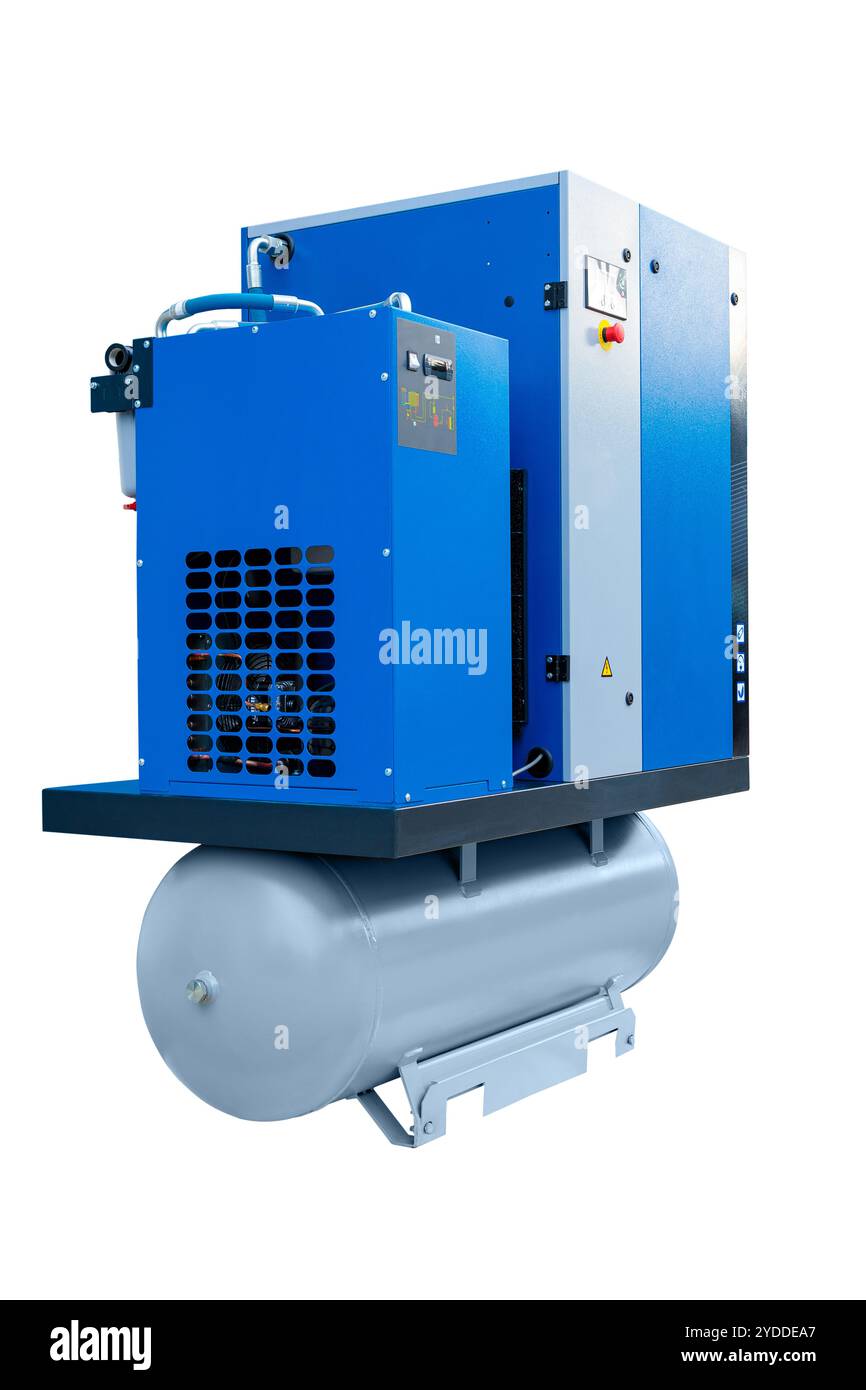 Modern blue air compressor with dryer and tank, isolated on white ...