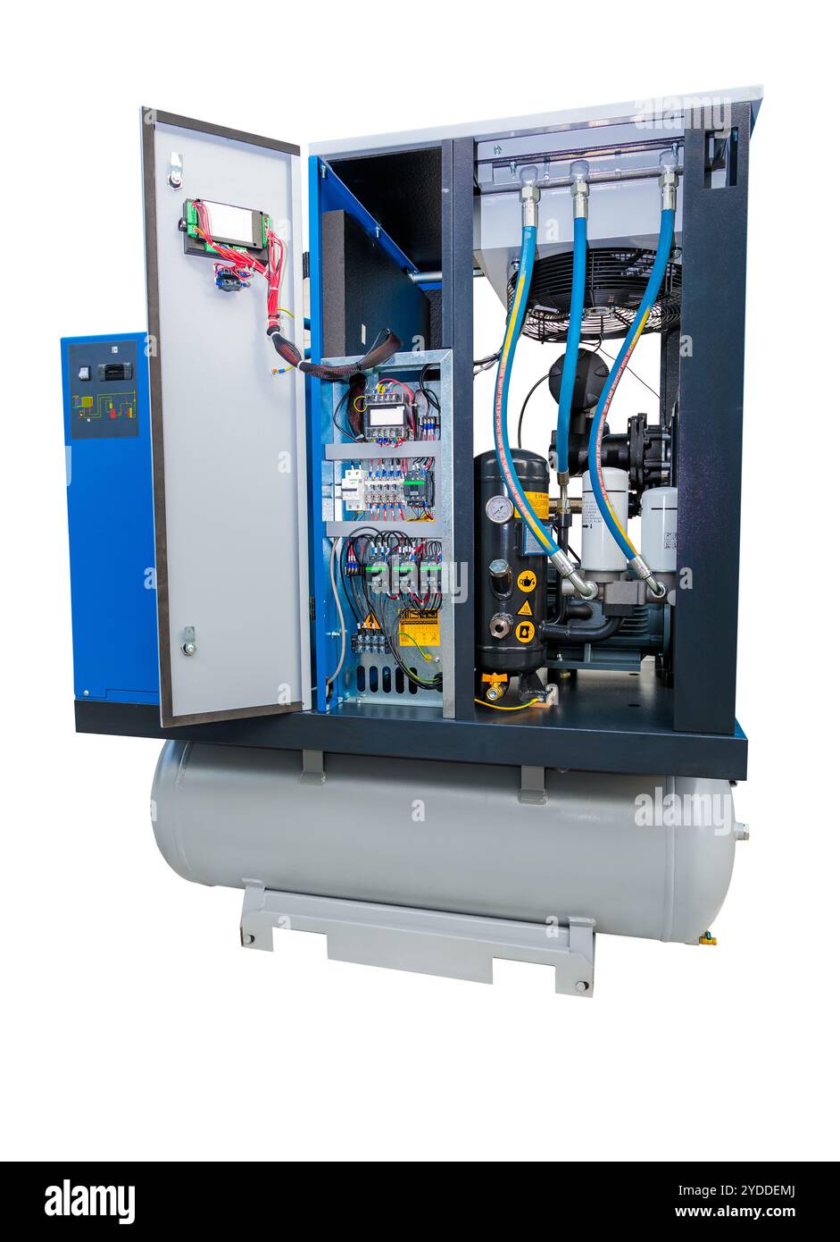 Powerful air compressor unit with open cabinet revealing complex ...