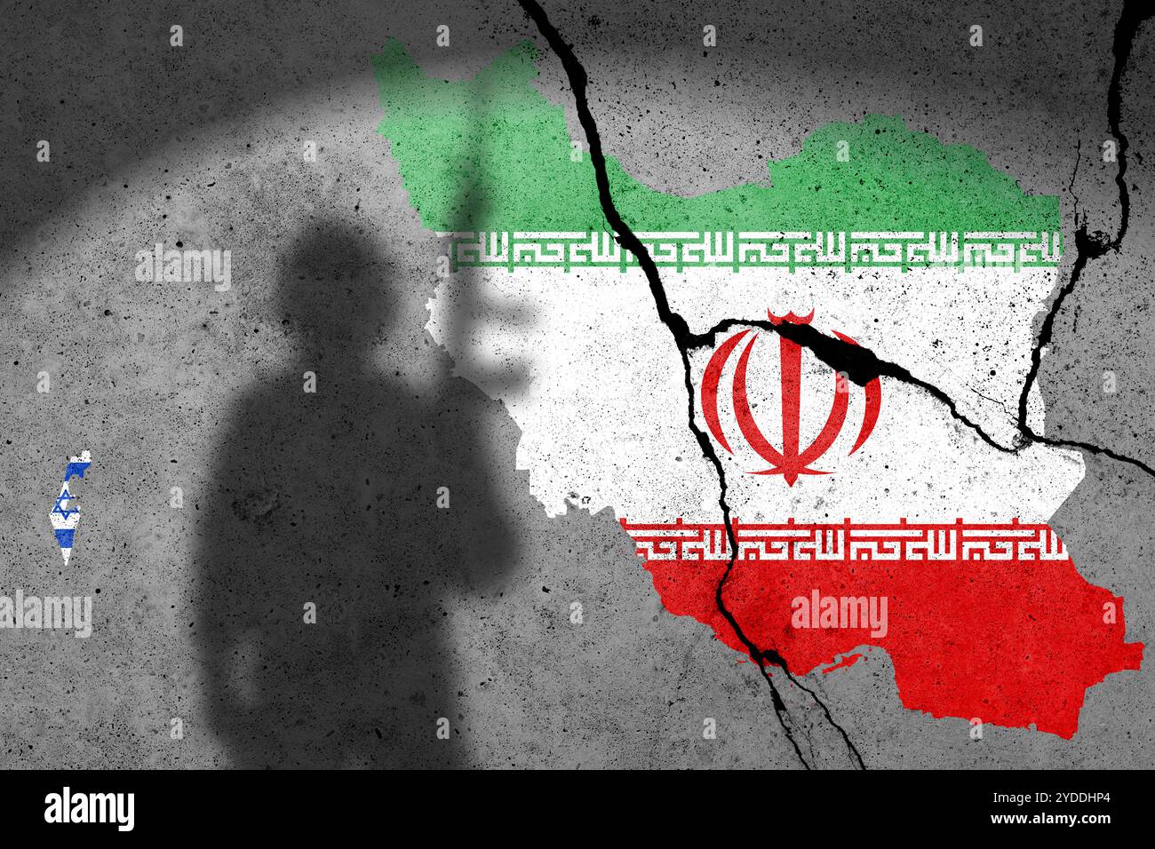 Flags of Israel and Iran painted on a concrete wall with soldier shadow ...