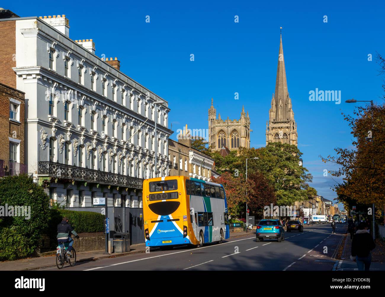 Traffic on Hills Road view to Roman Catholic church, Cambridge ...