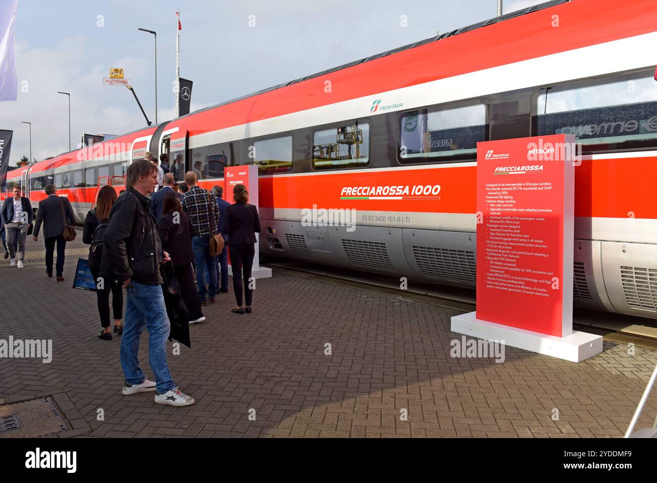 People viewing a new Hitachi Frecciarossa 1000 high speed train for Trenitalia at world public ...