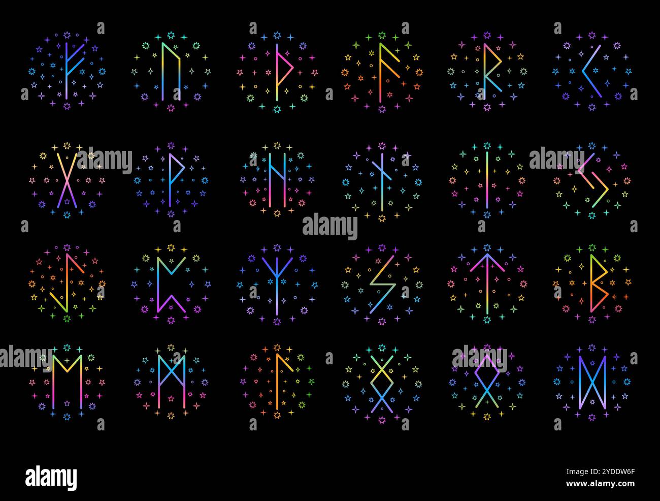 Collection of scandinavian runes in line art style on black background ...