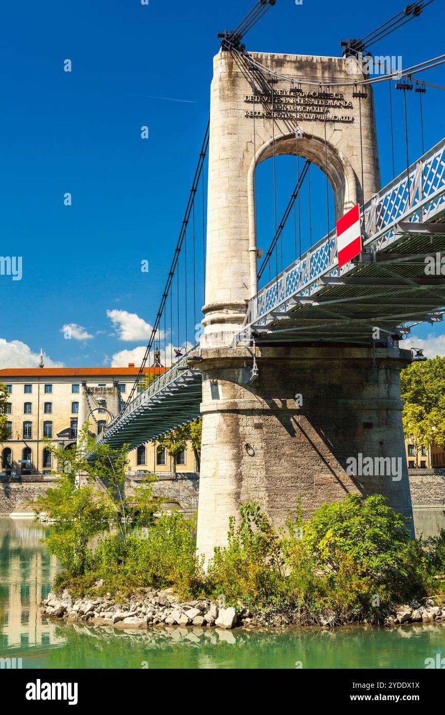 Old Passerelle du College bridge over Rhone river in Lyon, France Stock ...