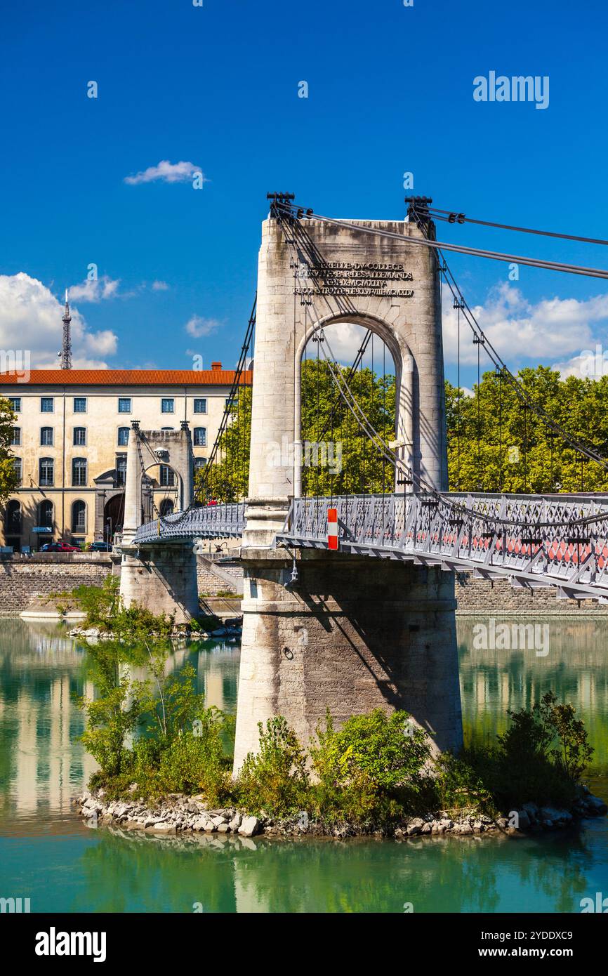 Old Passerelle du College bridge over Rhone river in Lyon, France Stock ...