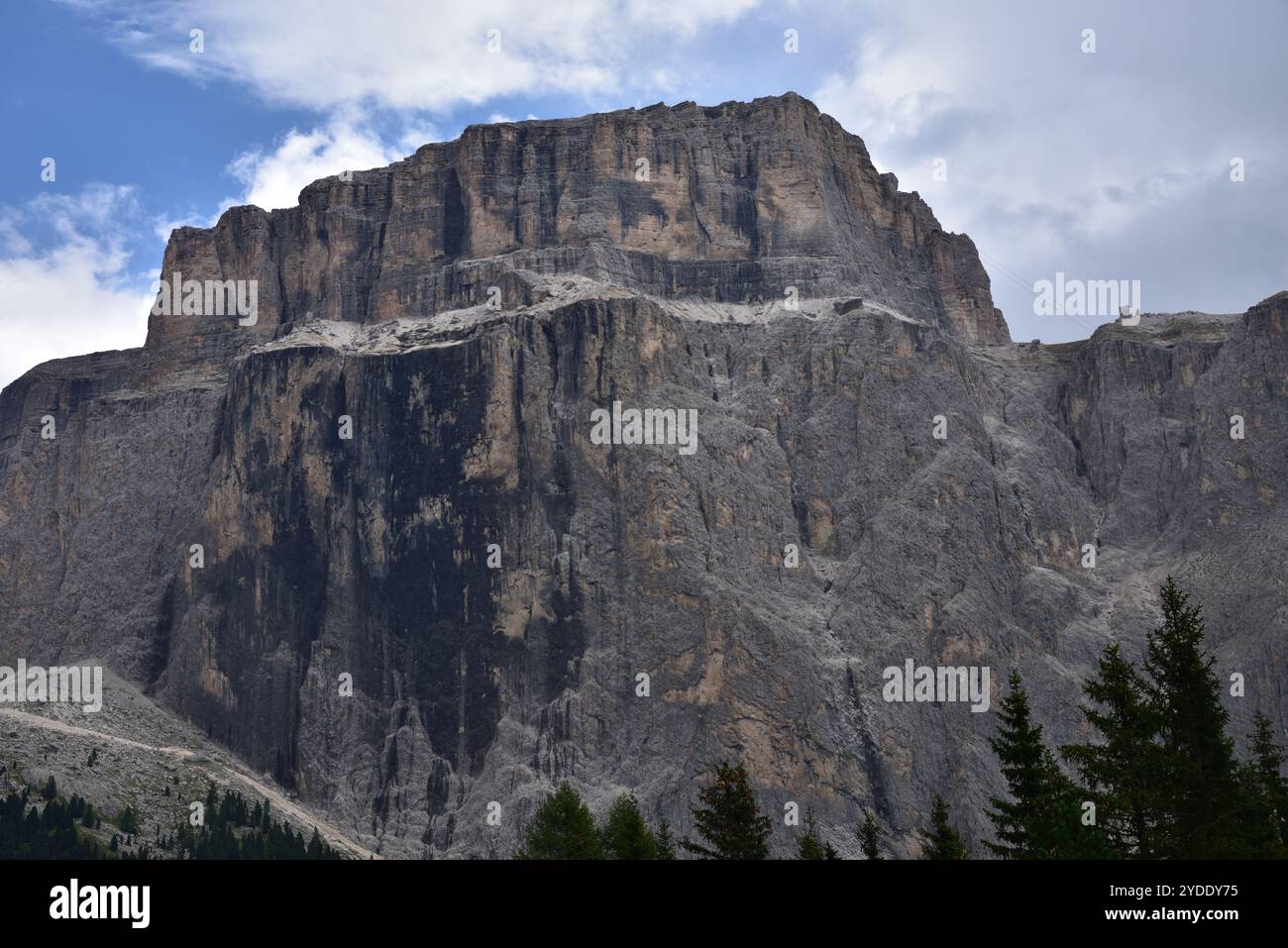 The grandiose rock formation of Sass Pordoi, a 2952-meter high massif ...