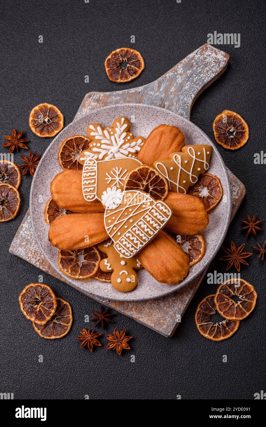 French classic madeleine sponge cake with elements of Christmas motifs ...