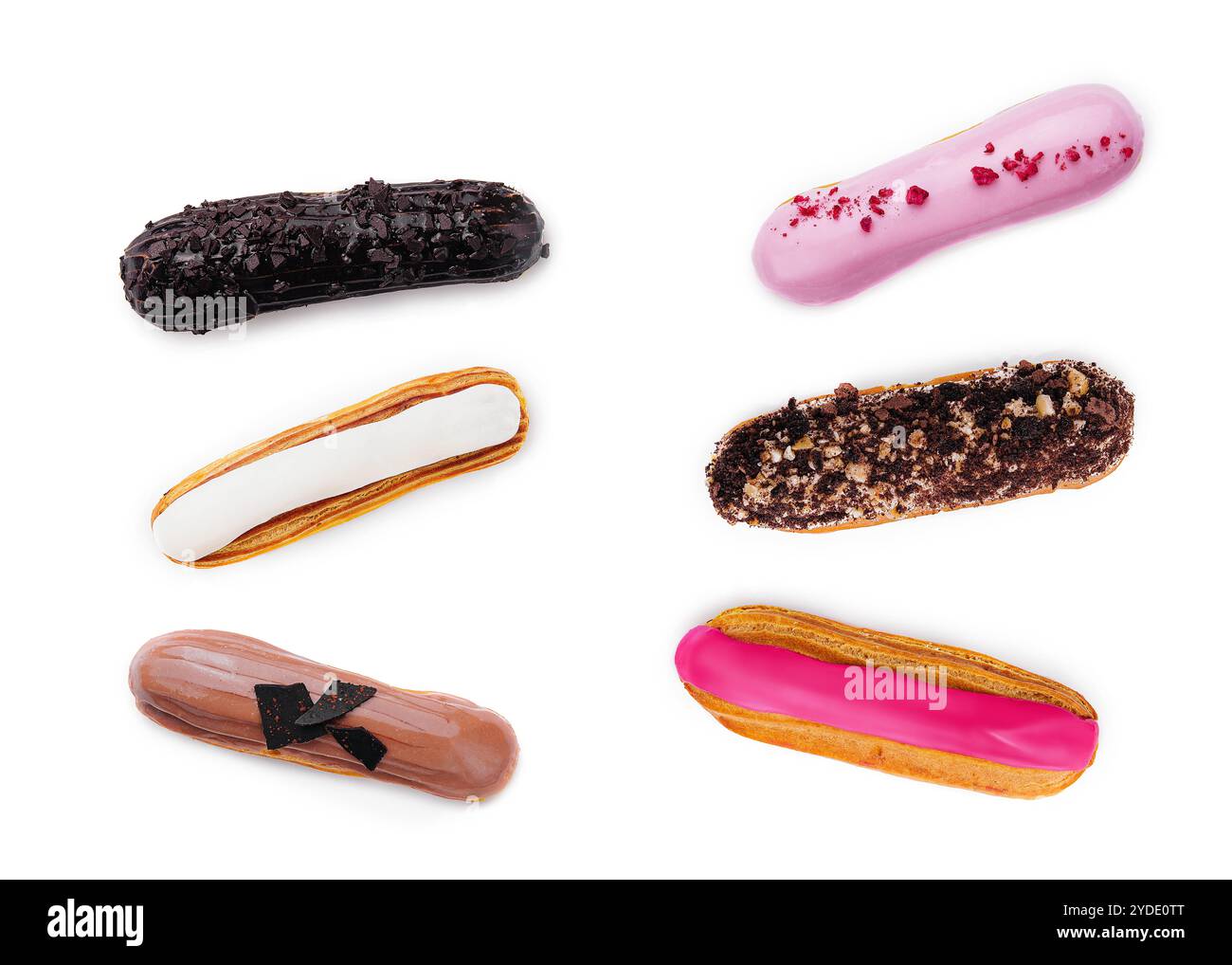 Different types of French eclairs isolated on white Stock Photo - Alamy