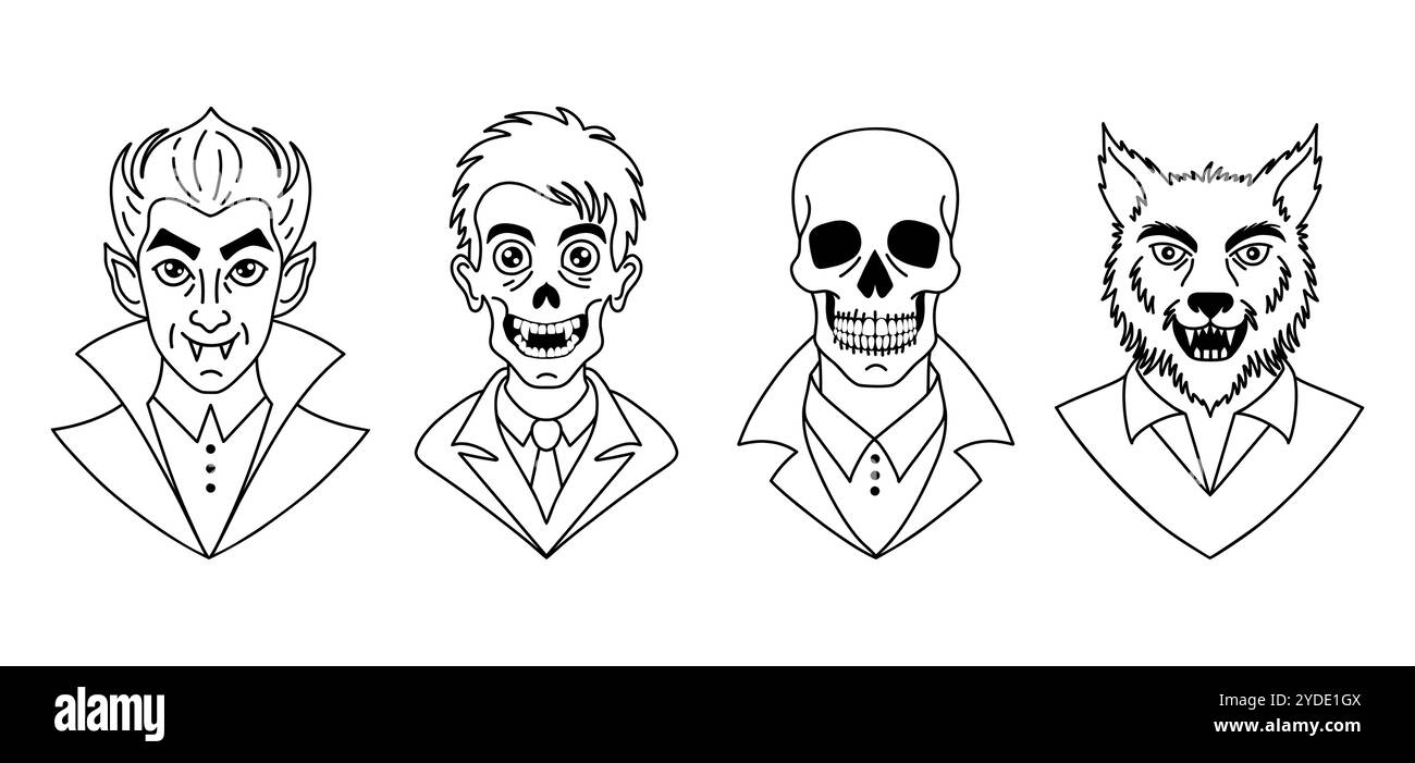 Vampire, werewolf, zombie and skeleton portraits Stock Vector Image ...