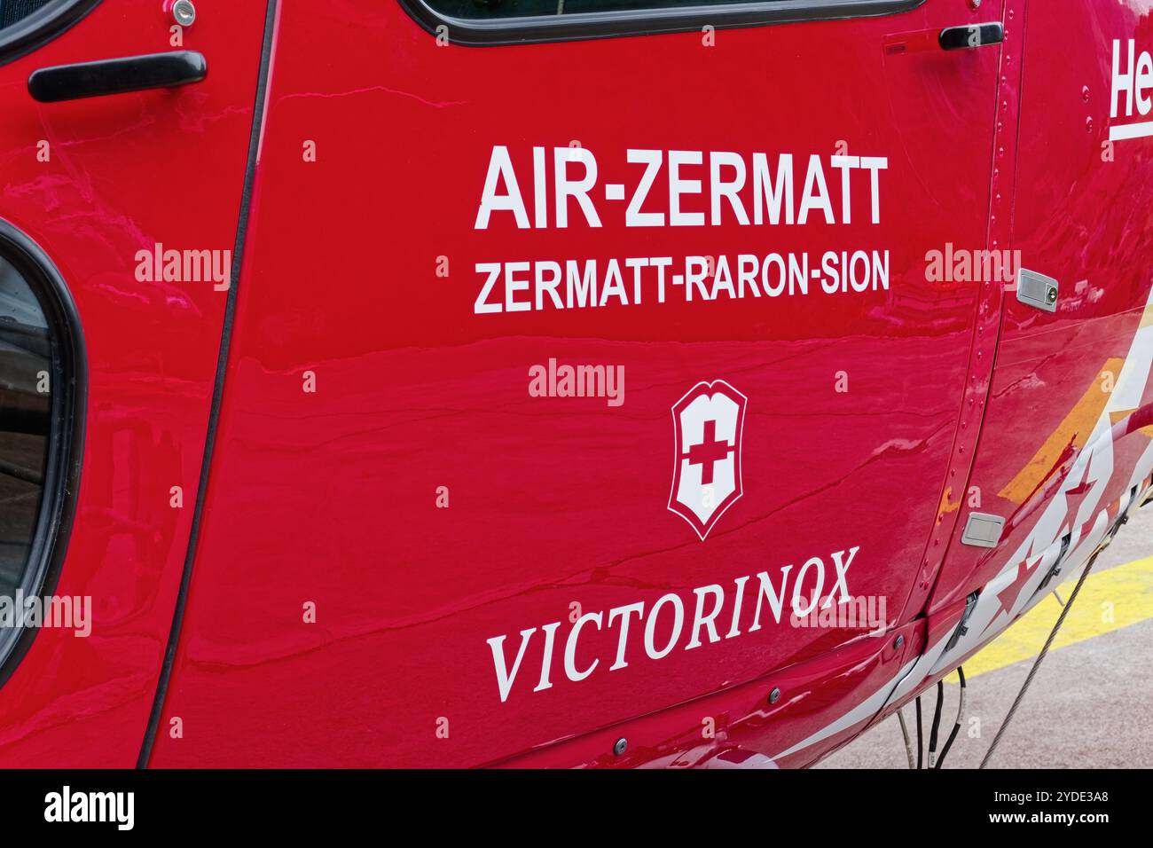 Air Zermatt in Zermatt, Wallis, Switzerland. Logo on helicopter at ...