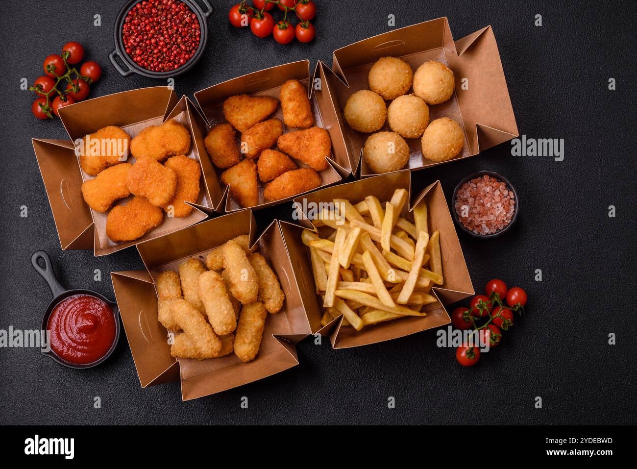 Fast food french fries, brie fries, cheese balls, cheese sticks and ...