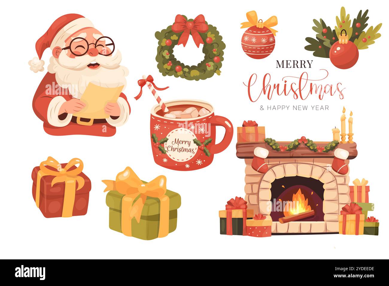 A set of cartoon style illustrations, Christmas. Santa, fireplace ...