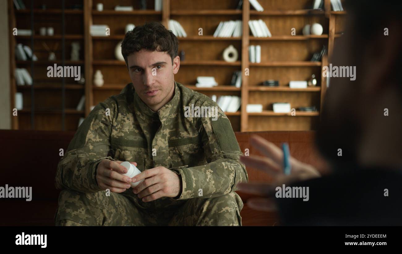 Thoughtful Caucasian male pensive man guy military army soldier veteran ...