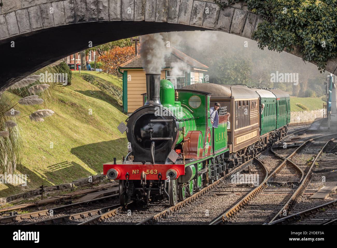 LSWR 'T3' 4-4-0 No. 563 departs from Swanage station on the Swanage ...